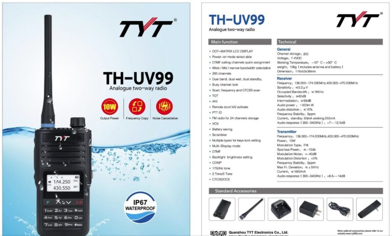 TYT TH-UV99 10W, dual-band VHF/UHF, IP68, USB nabíjení | ELIX