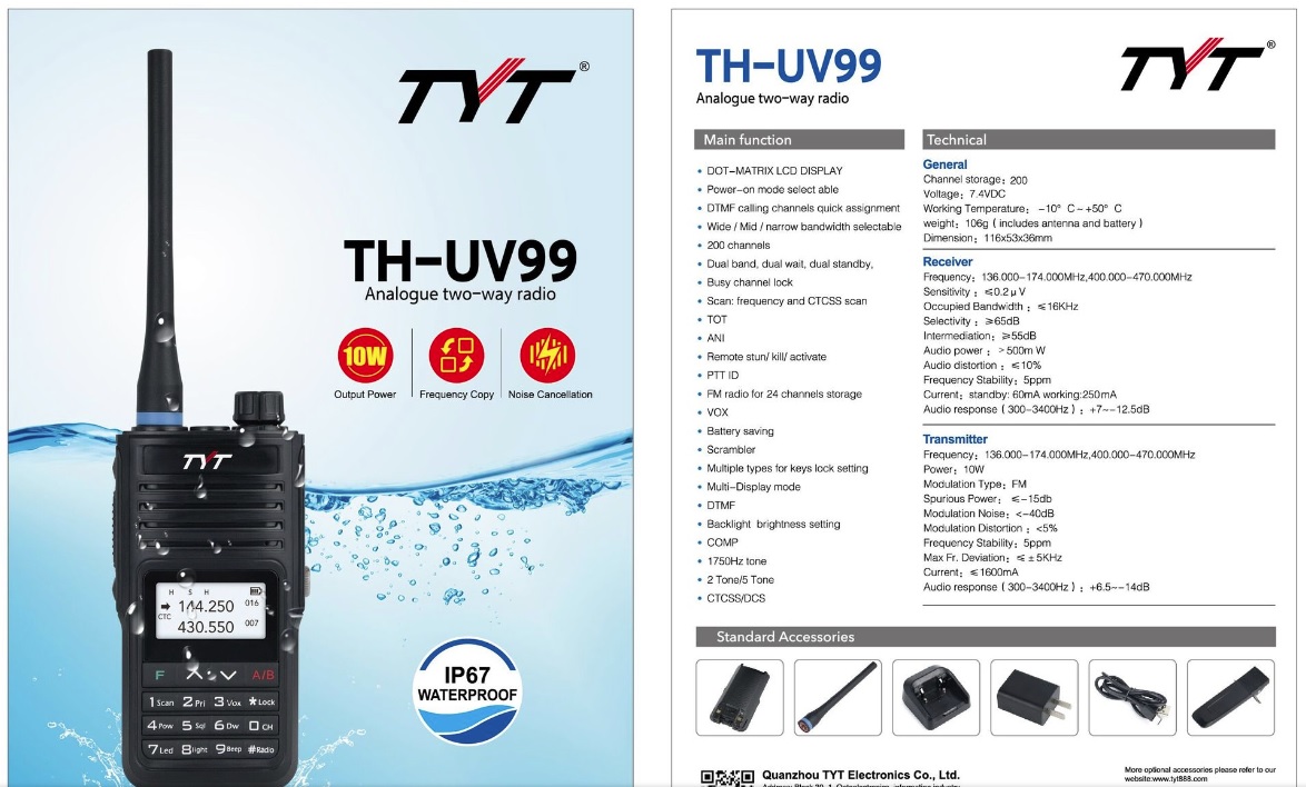 TYT TH-UV99 10W, dual-band VHF/UHF, IP68, USB nabíjení | ELIX